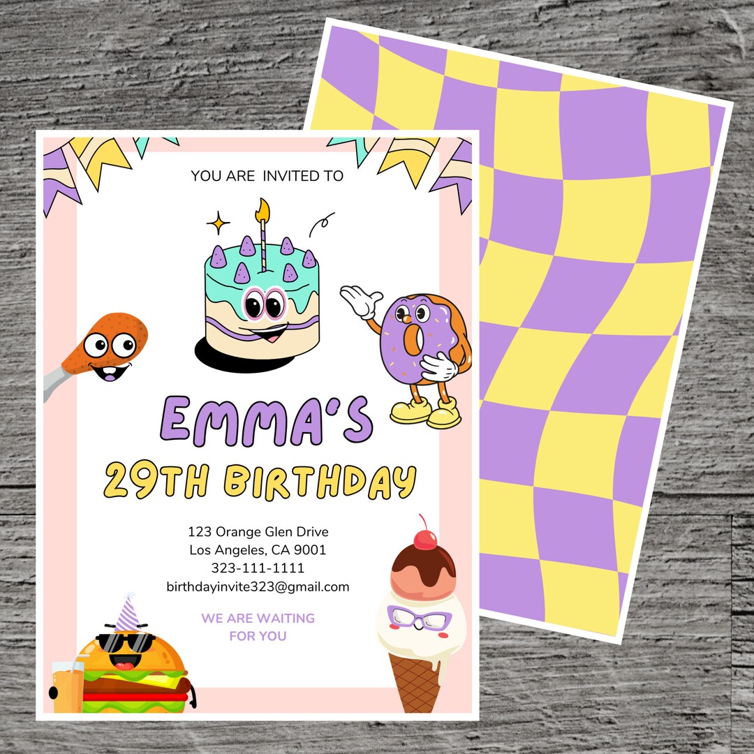 Funny Foods for Emma Theme Birthday Party Invitation Template ...