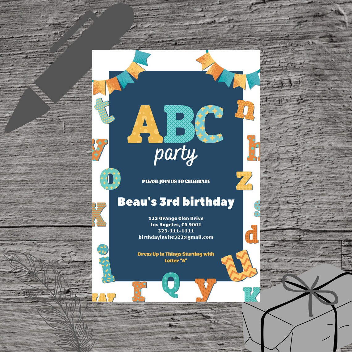 Alphabet Dress up Letter Theme Birthday Party Invitation, Costume ...
