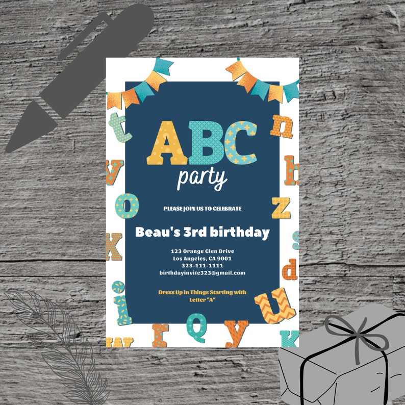 Alphabet Dress up Letter Theme Birthday Party Invitation, Costume ...