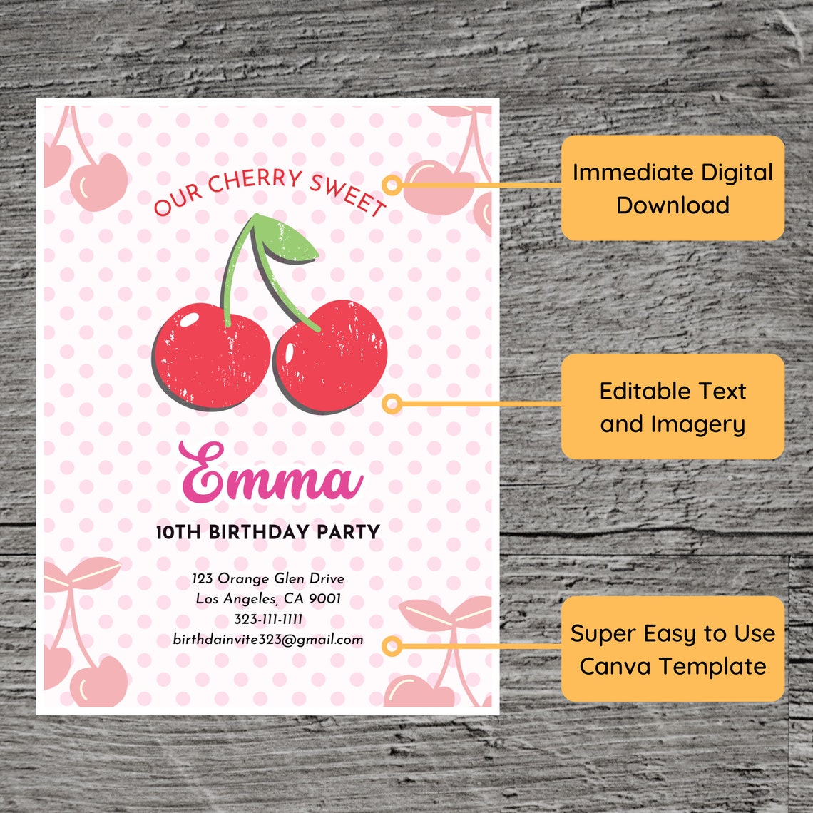Cherry Theme Birthday Party Invitation Template, Fruit Berry Blushing ...