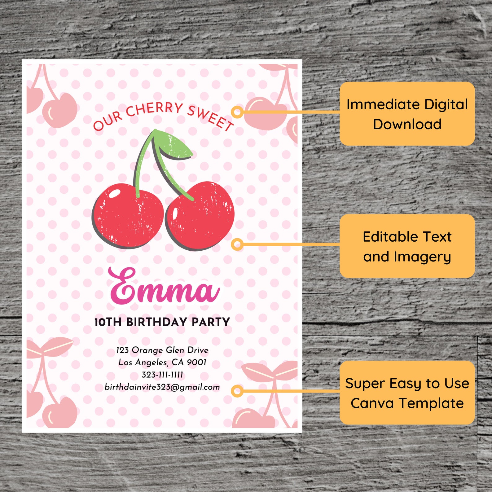 Cherry Theme Birthday Party Invitation Template, Fruit Berry Blushing ...