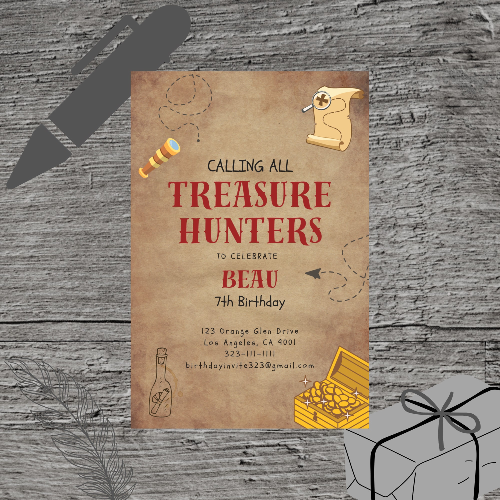 Treasure Hunt Theme Birthday Party Invitation, Map Adventure Gold ...