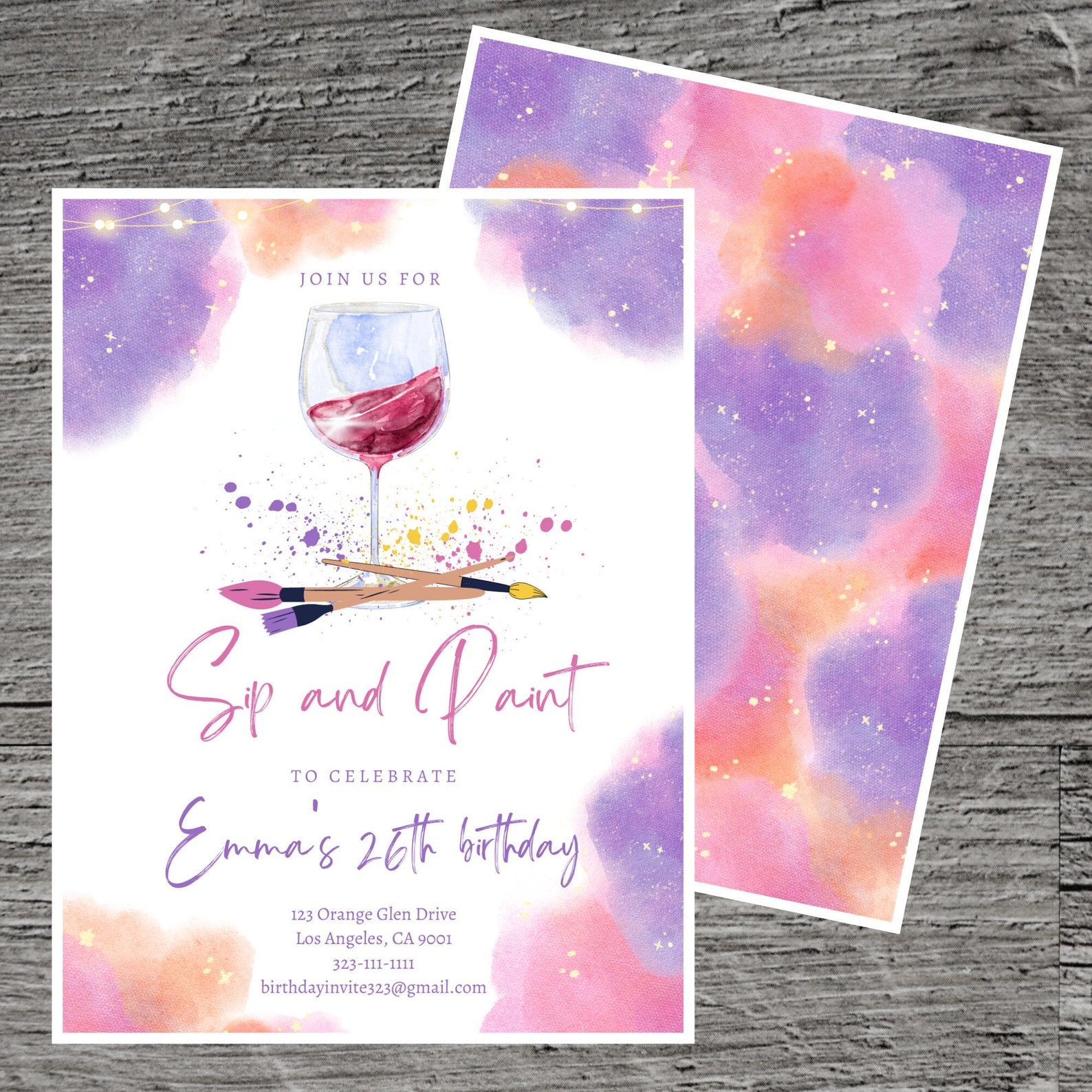 Sip and Paint Theme Birthday Party Invitation, Wine Watercolor Draw ...