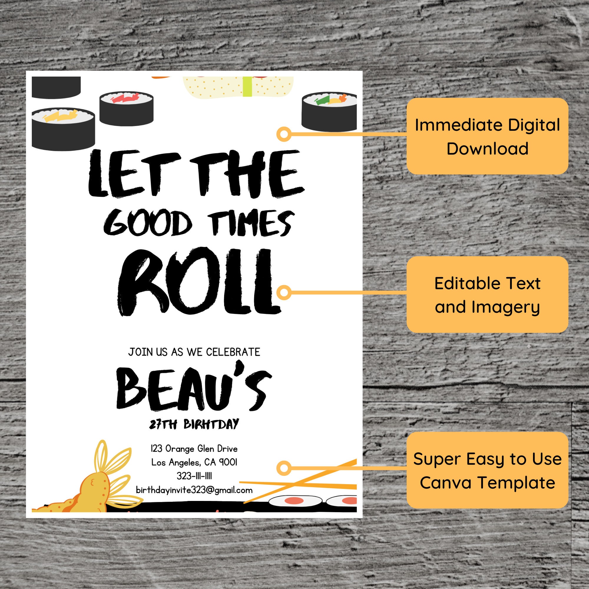 Sushi Night Birthday Party Invitation, Let the Good Times Roll, Nigiri ...