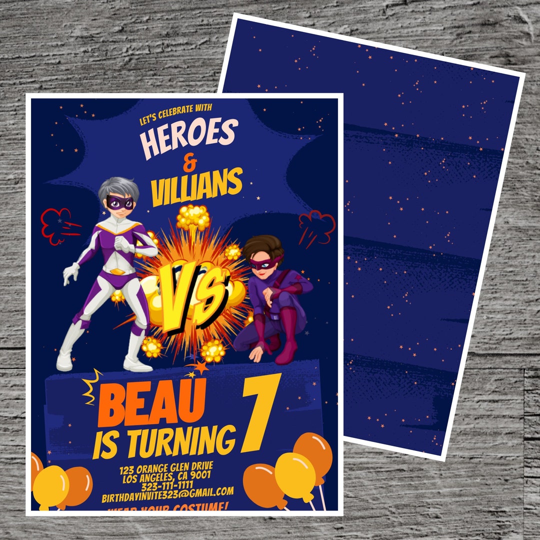 Heroes Vs. Villains Costume Theme Birthday Party Invitation, Dress up ...