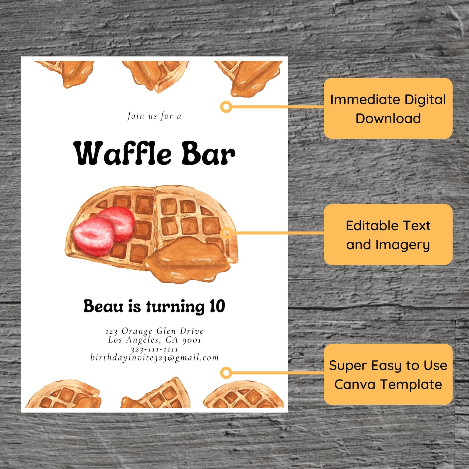 Waffle Bar for Beau Theme Birthday Party Invitation Template, Belgian ...