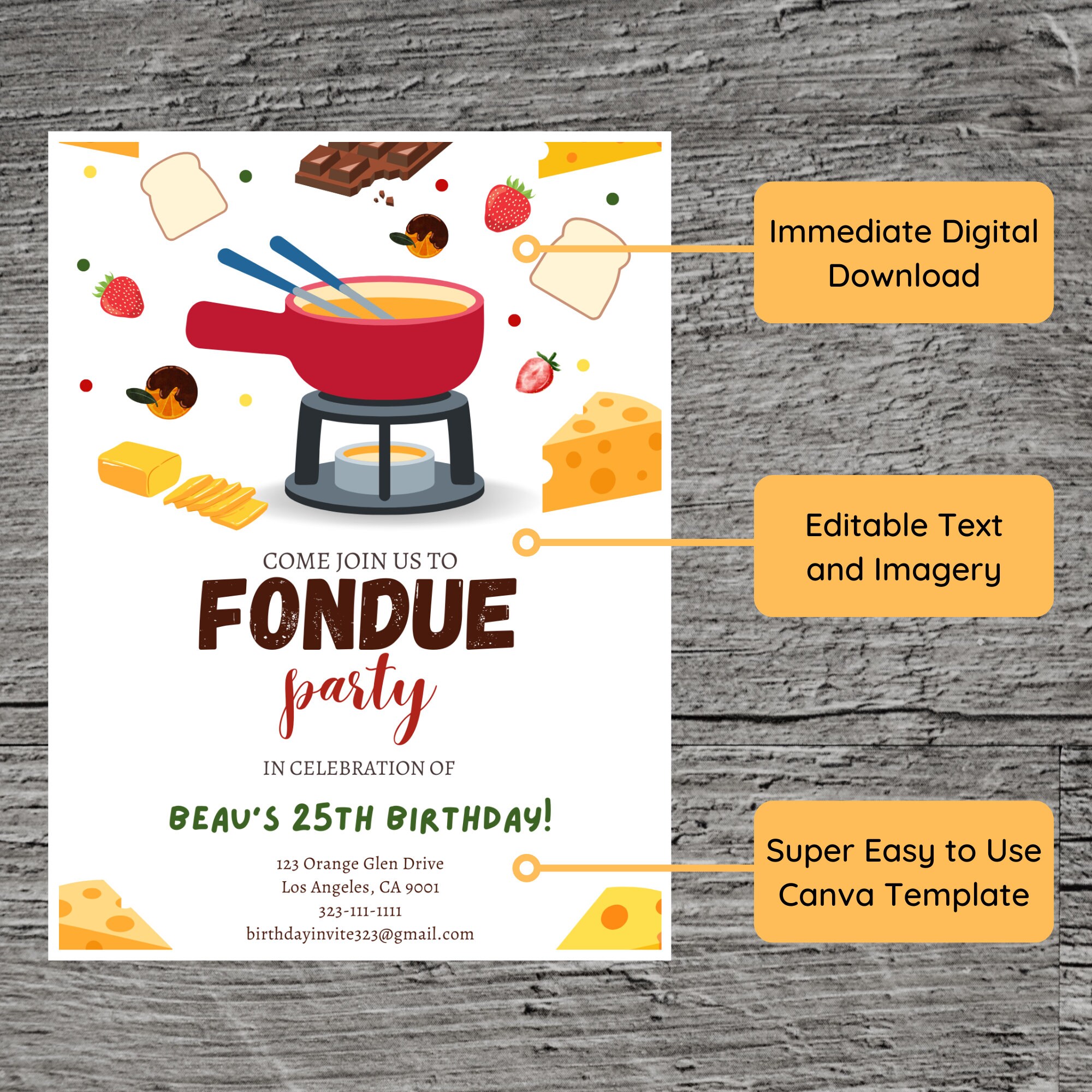 Fondue Theme Birthday Party Invitation, Cheese Chocolate Dip Dessert ...