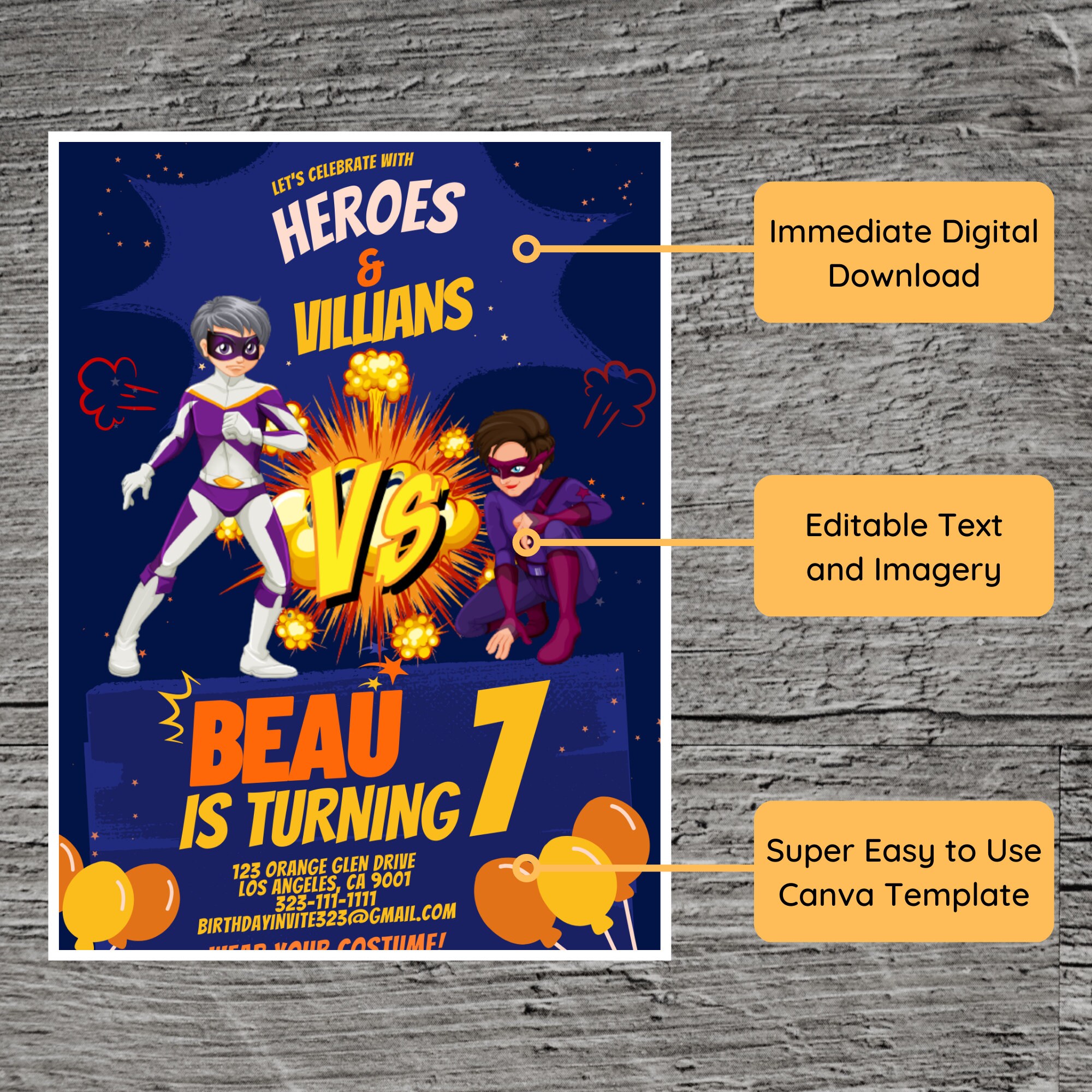 Heroes Vs. Villains Costume Theme Birthday Party Invitation, Dress up ...