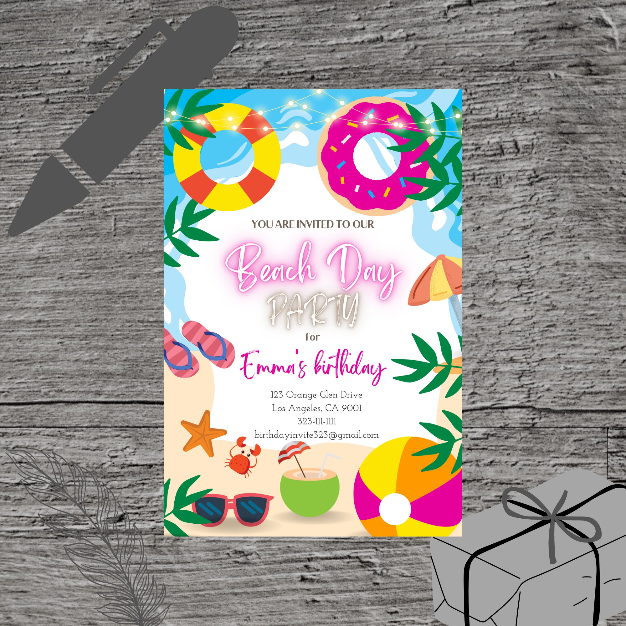 Beach Day Theme Birthday Party Invitation, Summer Waves Ocean Tanning ...