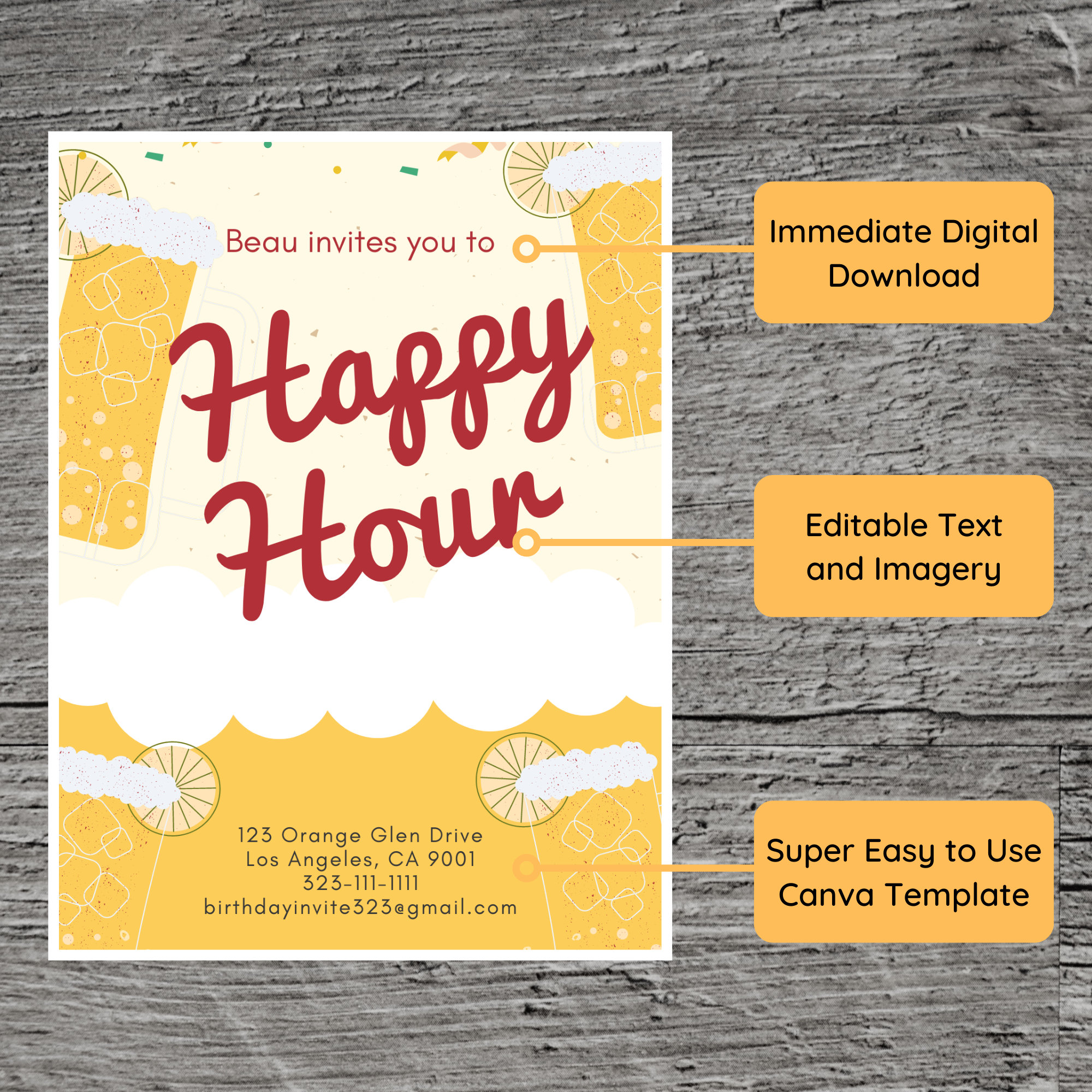 Happy Hour Theme Party Invitation, Drink Pub Bar Beer Coworker Food 21 ...