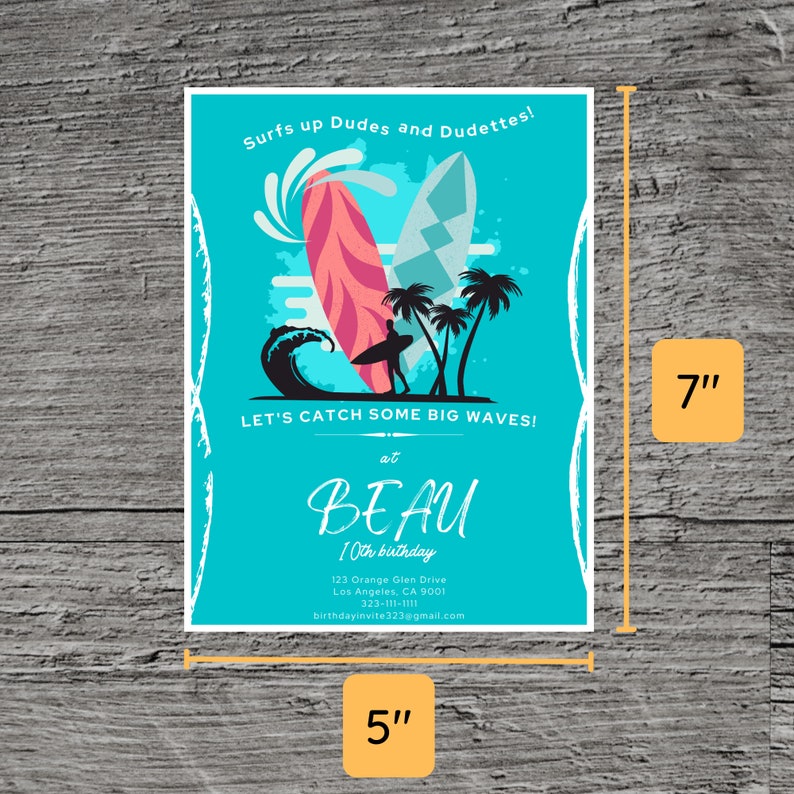 Surfing Theme Birthday Party Invitation Template, Custom Editable 5 X 7 ...