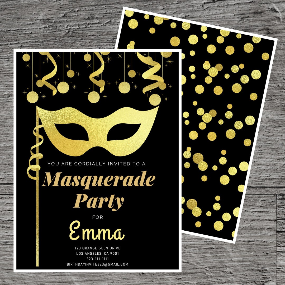 Masquerade Theme Birthday Party Invitation, Mask Costume Dance ...