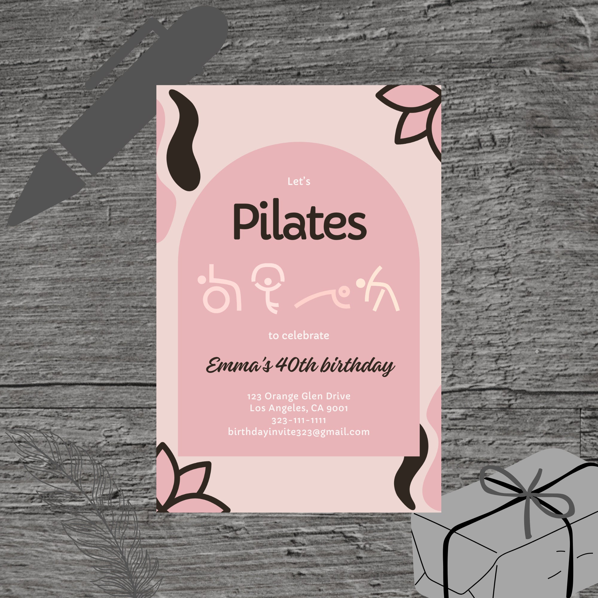 Pilates for Emma Theme Birthday Party Invitation Template, Abduction, C ...