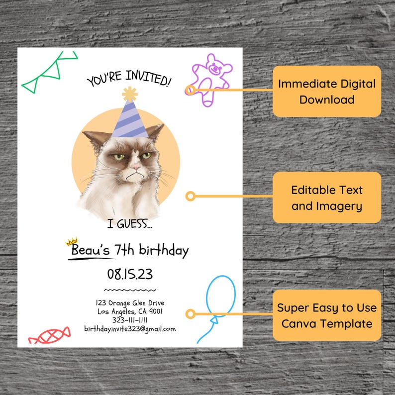 Grumpy Cat for Beau Theme Birthday Party Invitation Template, Annoyed ...