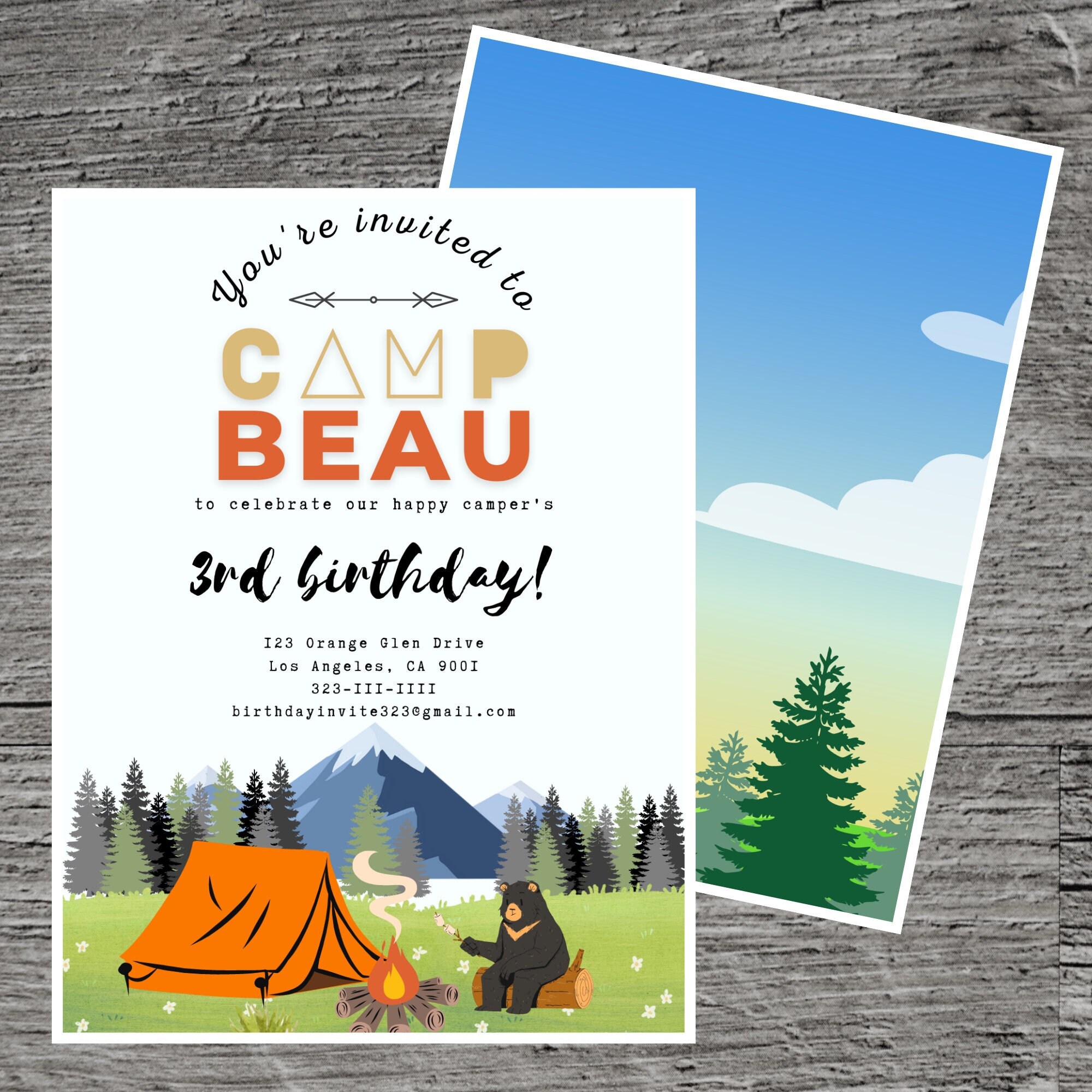 Camping Theme Birthday Party Invitation, Outdoor Camp Fire Travel ...