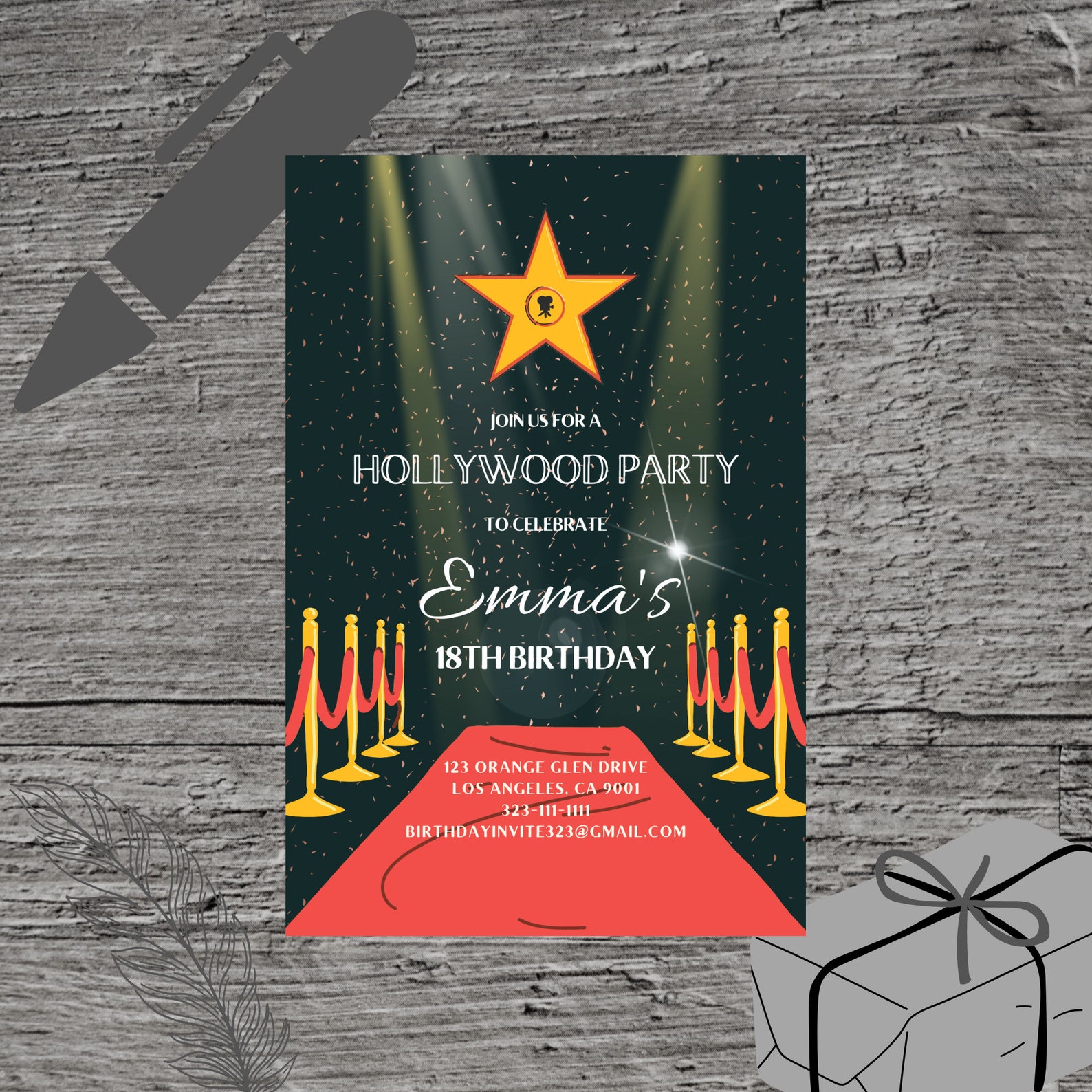 Hollywood Theme Birthday Party Invitation, Superstar Star Celebrity ...