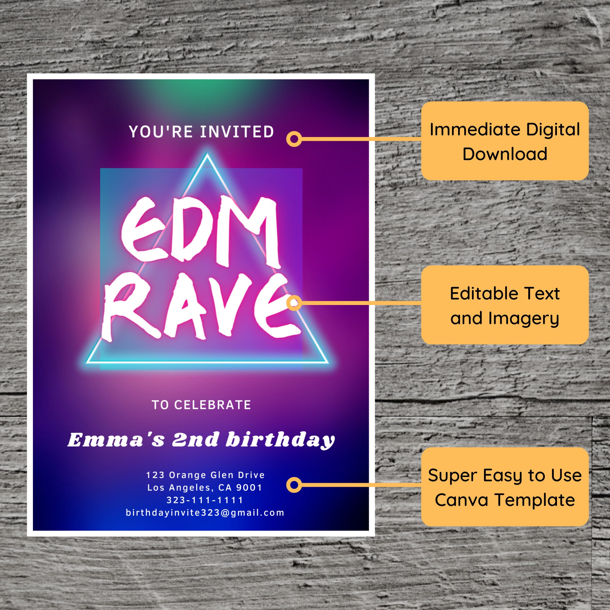 EDM Rave Theme Birthday Party Invitation Template, Nightclub Techno ...