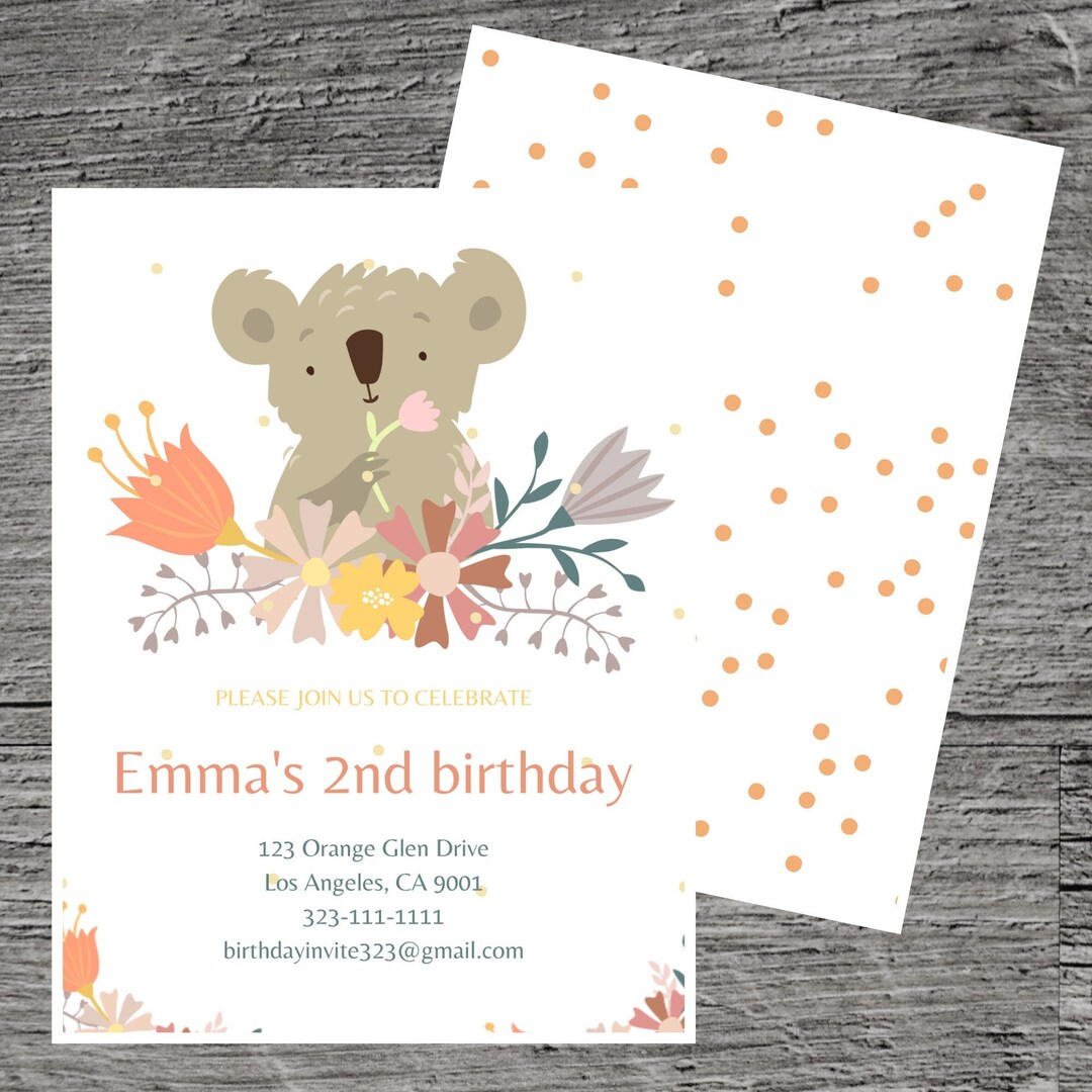 Koala Theme Birthday Party Invitation Template, Cute Animals Native ...