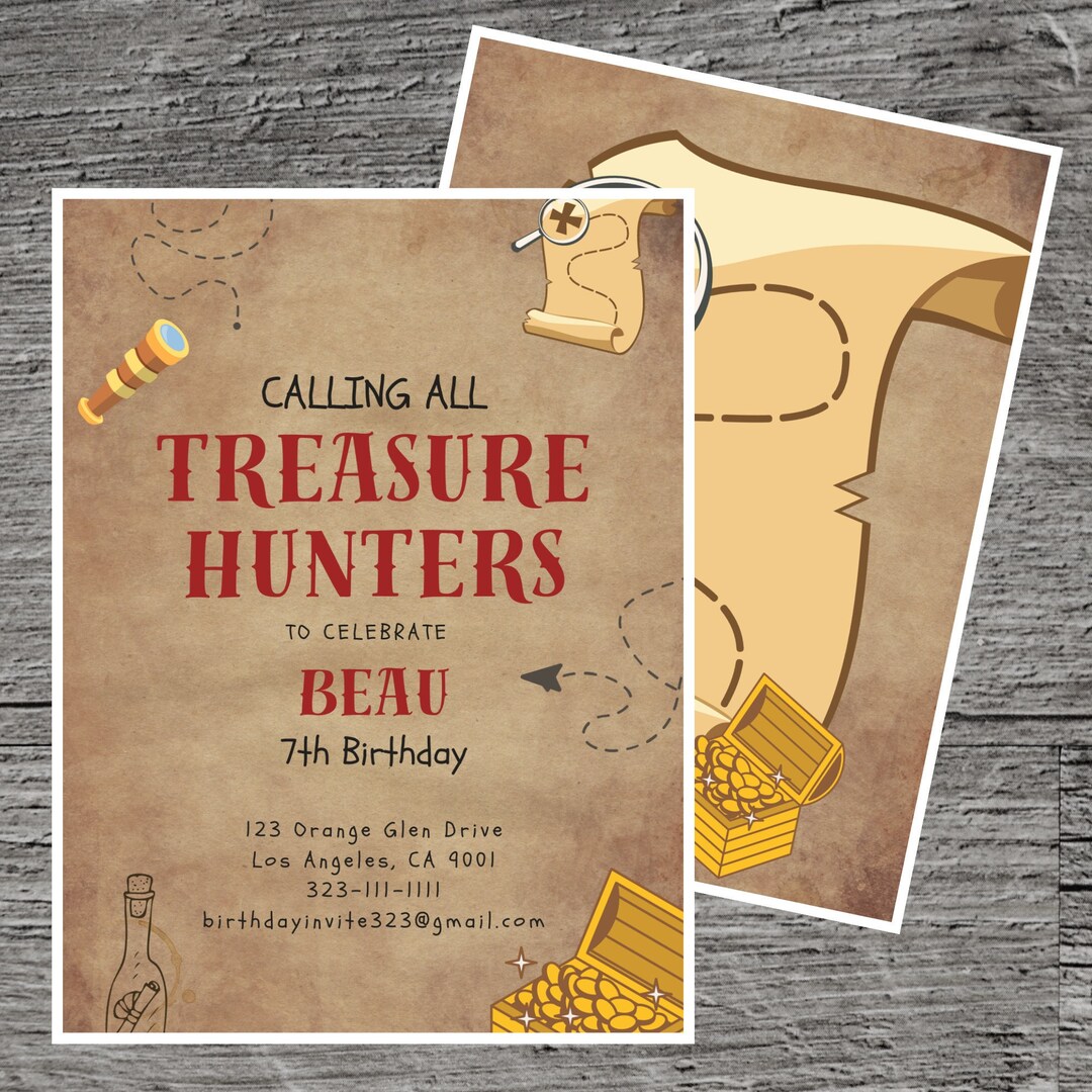 Treasure Hunt Theme Birthday Party Invitation, Map Adventure Gold ...