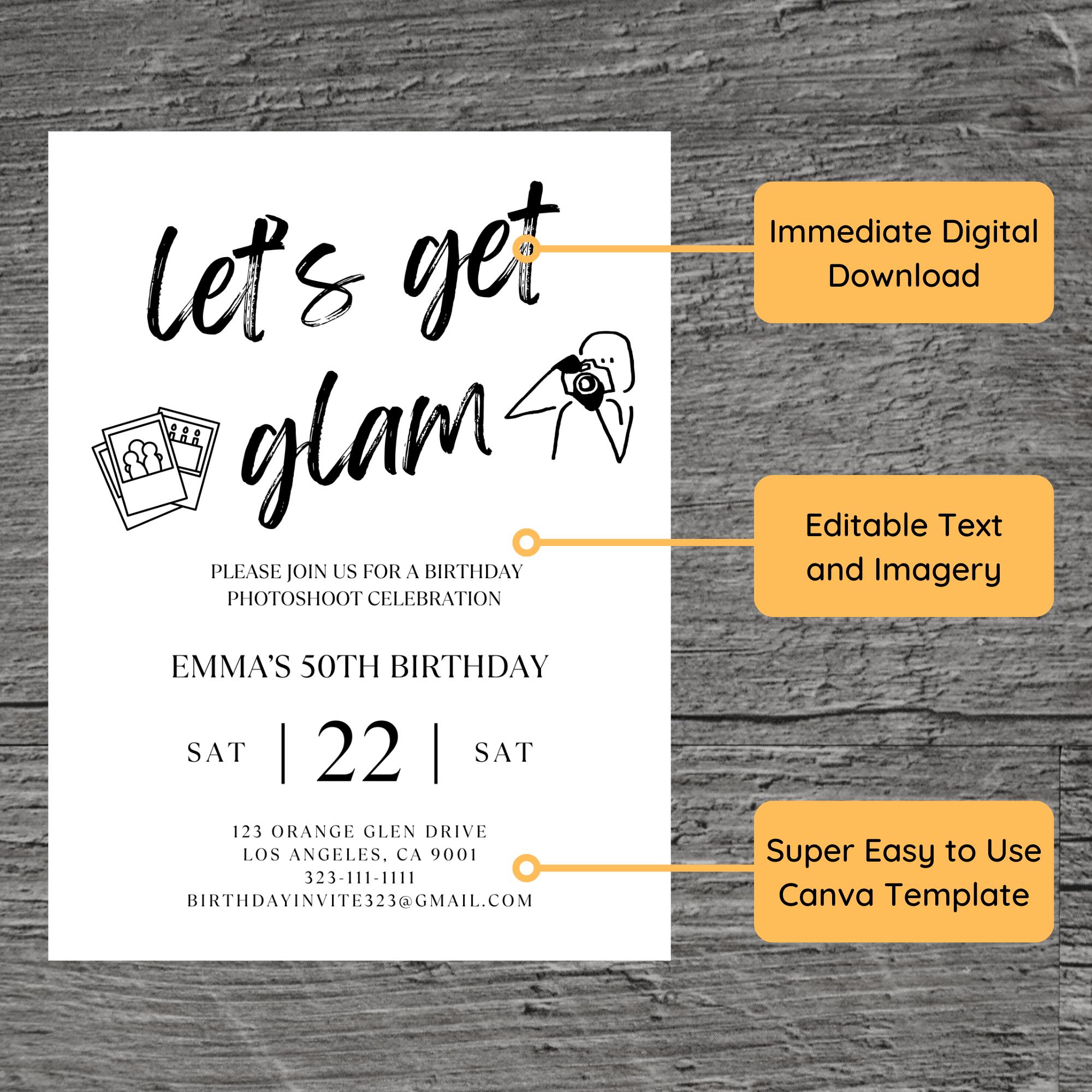 Photoshoot for Emma Theme Birthday Party Invitation Template, Camera ...