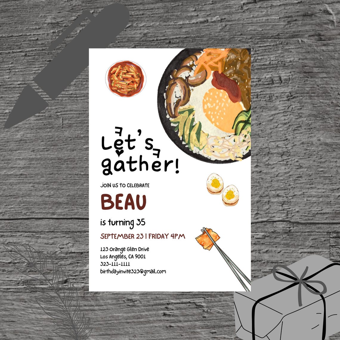 Bibimbap for Beau Theme Birthday Party Invitation Template, Korean Dish ...