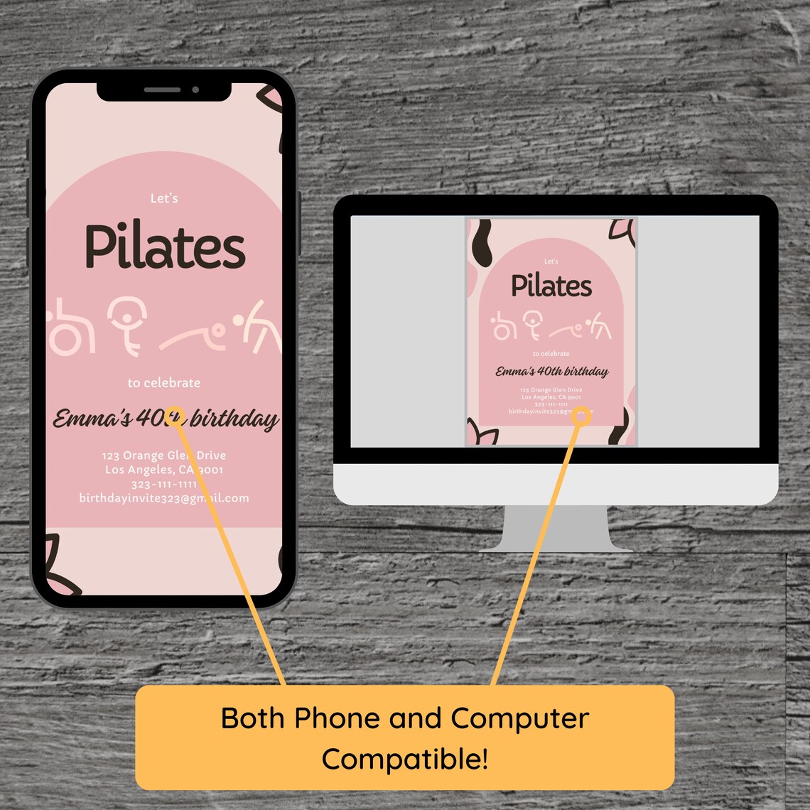 Pilates for Emma Theme Birthday Party Invitation Template, Abduction, C ...