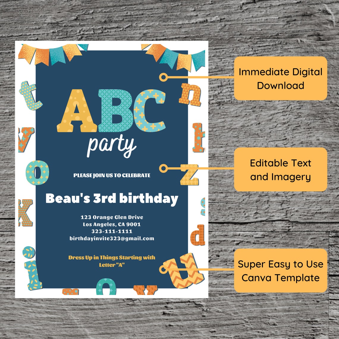 Alphabet Dress up Letter Theme Birthday Party Invitation, Costume ...