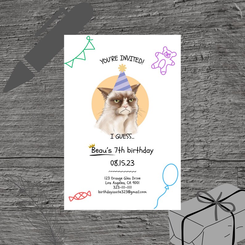Grumpy Cat for Beau Theme Birthday Party Invitation Template, Annoyed ...