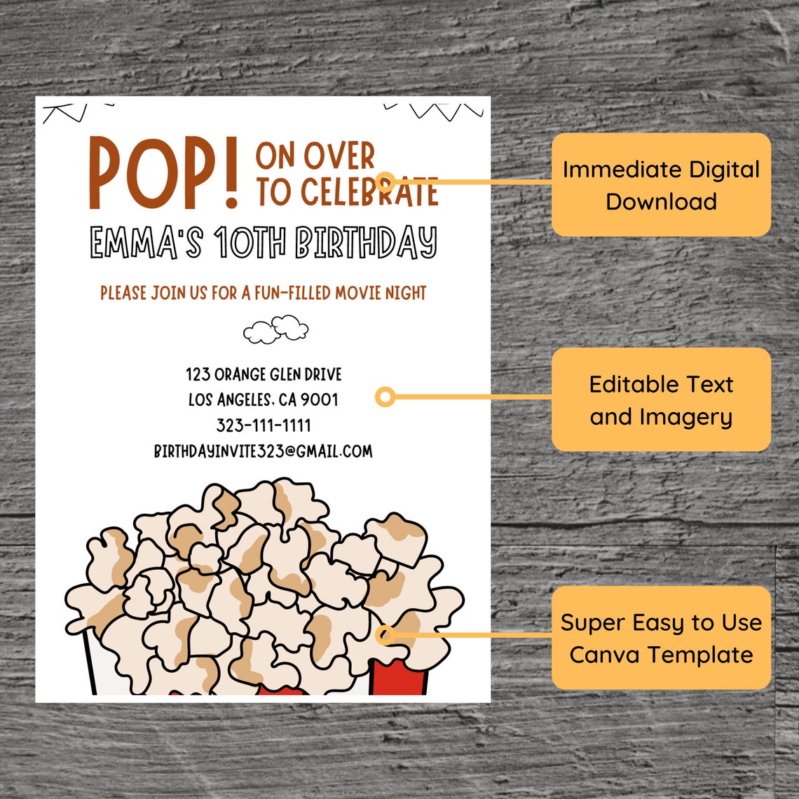 Popcorn Bar for Emma Theme Birthday Party Invitation Template, Popcorn ...