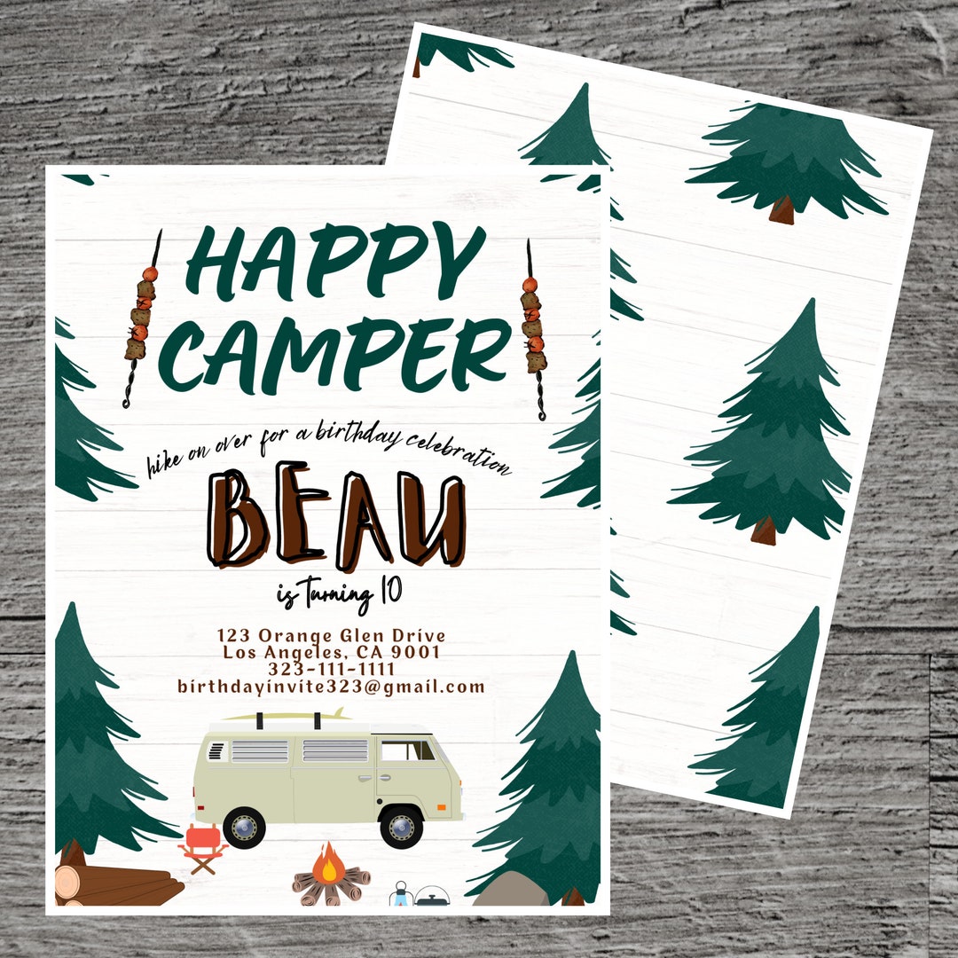 Happy Camper Theme Birthday Party Invitation, Hike Camping Trailer Off ...