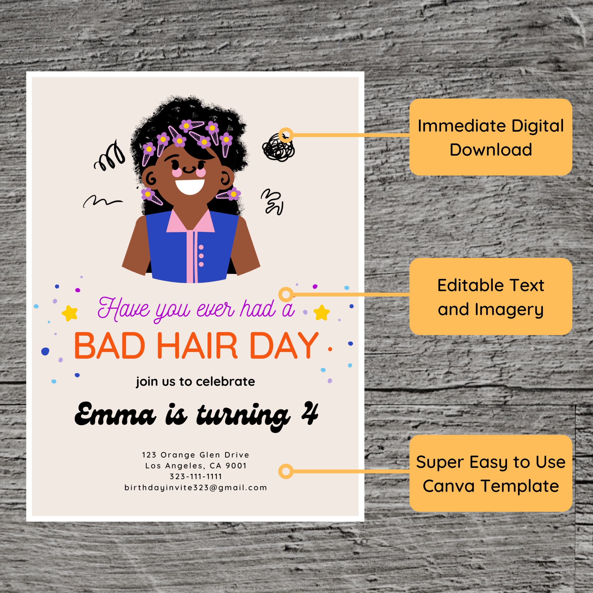 Bad Hair Day Theme Birthday Party Invitation, Tangled Frizzy Messy ...