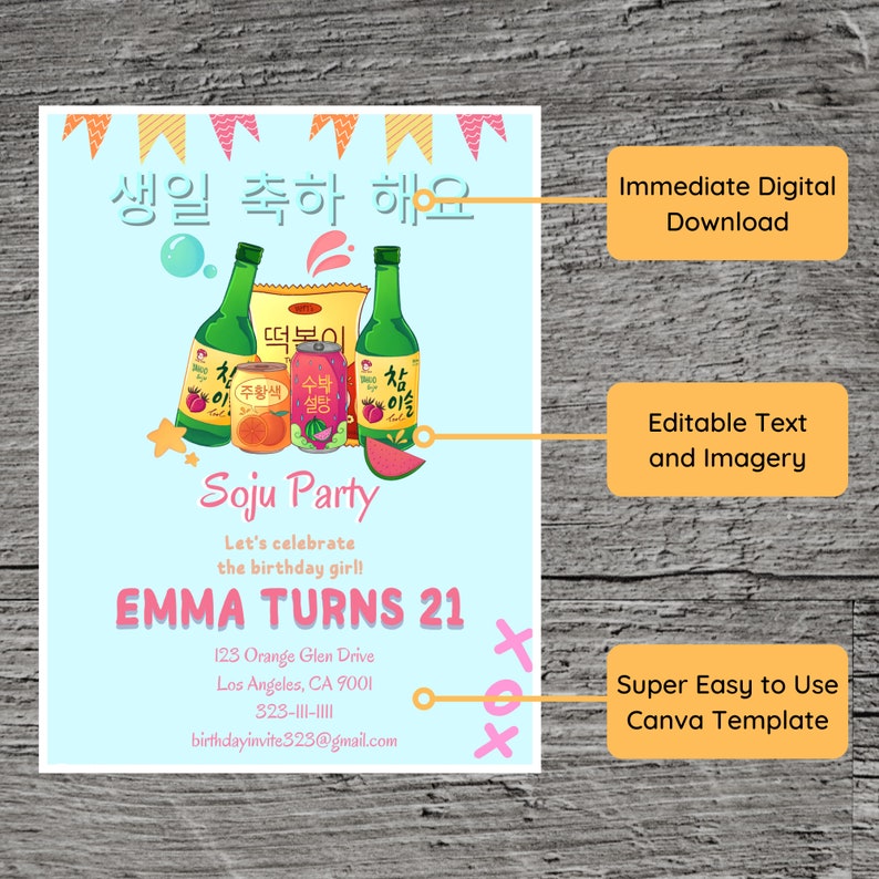 Soju Drink Birthday Party Invitation, Menu Asian Dinner Korean Food ...