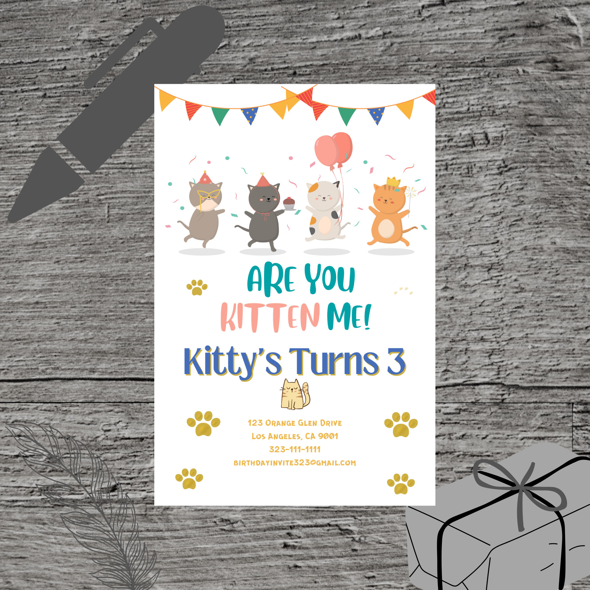 Kitty Theme Birthday Party Invitation, Cat Pet Meow, Are You Kitten Me ...