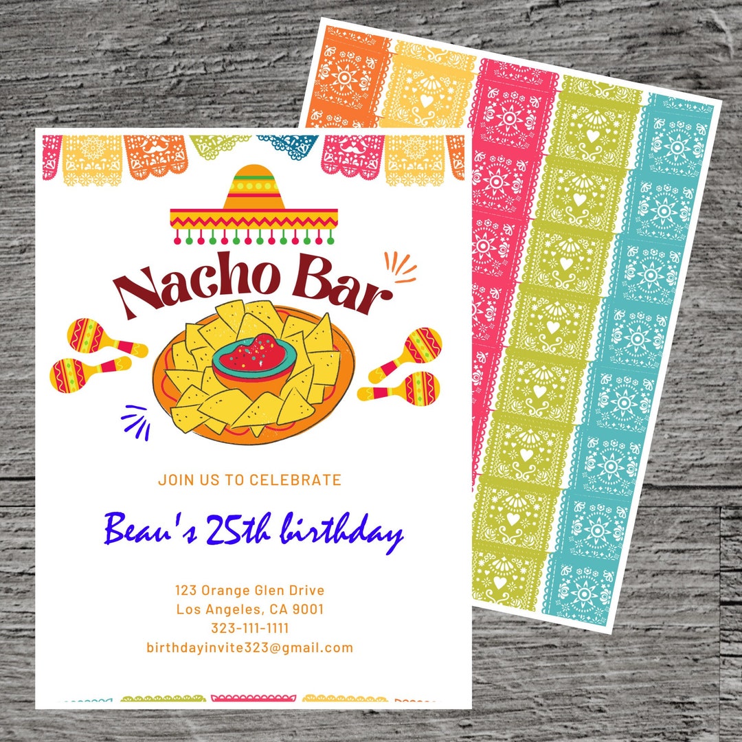 Nacho Bar Birthday Party Invitation, Chips Salsa Cheese Beans Onions ...