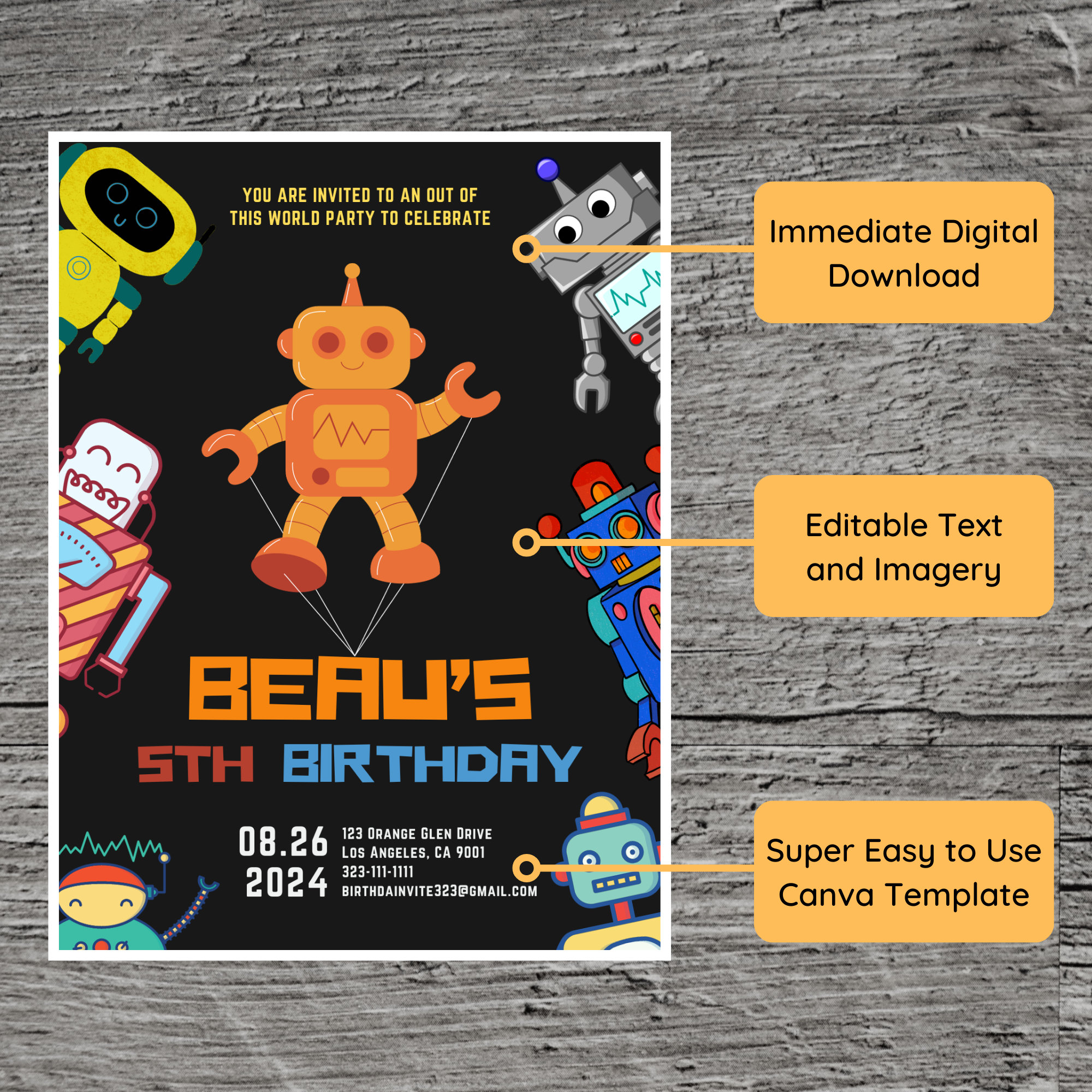 Robots Theme Birthday Party Invitation Template, Cyborg Android Machine ...
