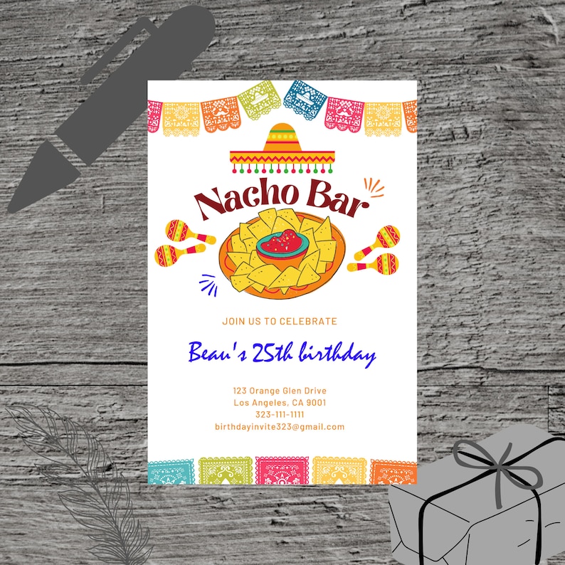 Nacho Bar Birthday Party Invitation, Chips Salsa Cheese Beans Onions ...