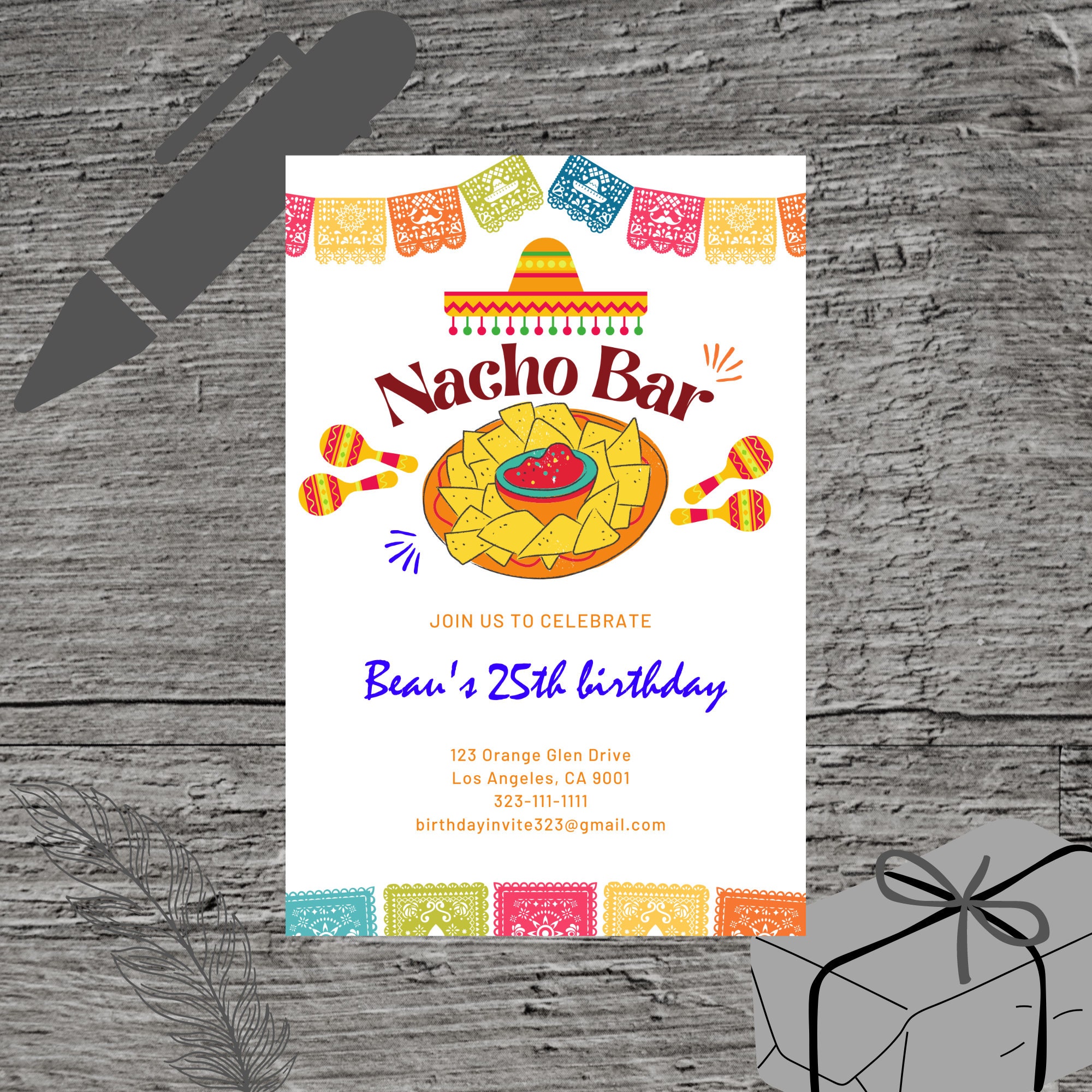 Nacho Bar Birthday Party Invitation, Chips Salsa Cheese Beans Onions ...