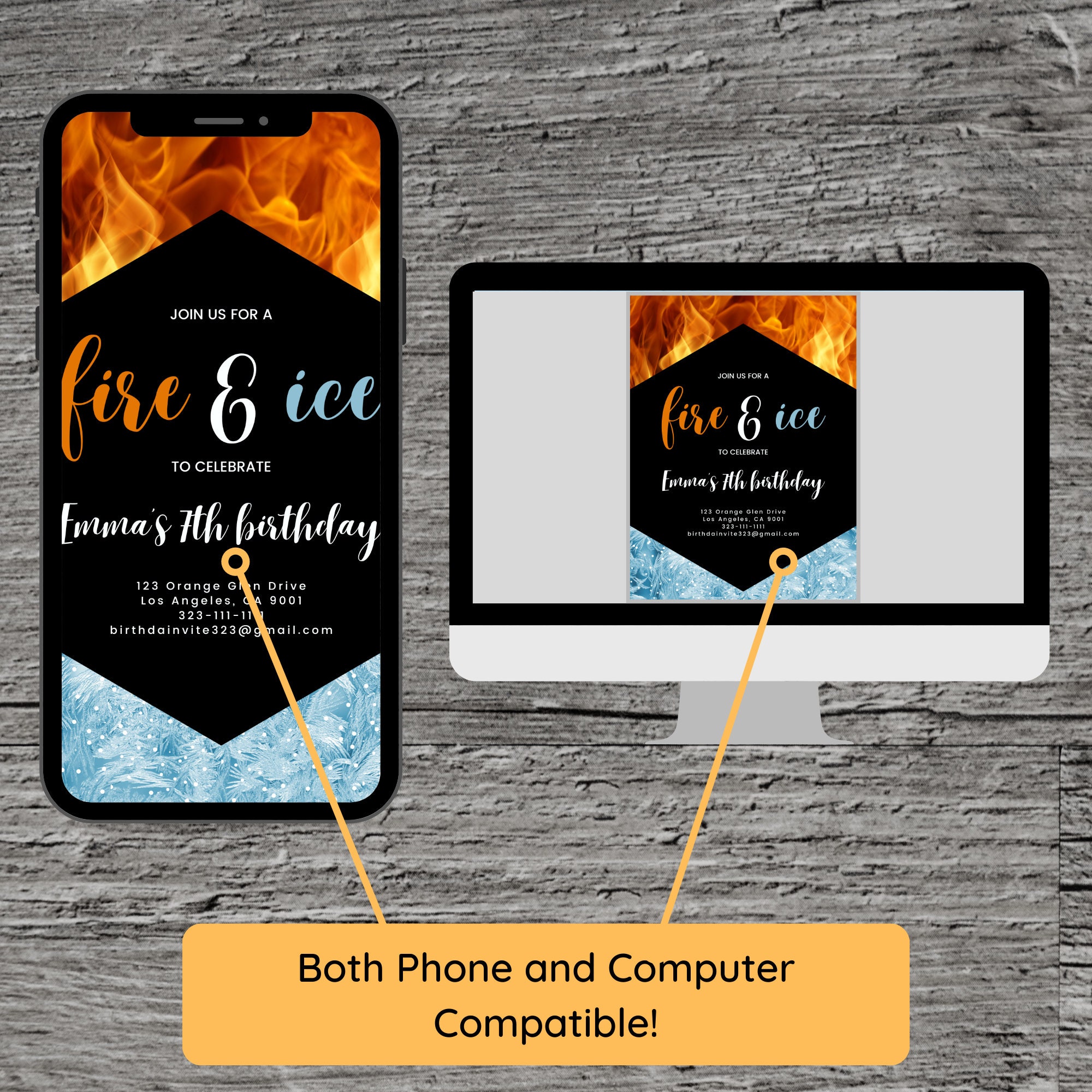 Fire and Ice Theme Birthday Party Invitation Template, Hot Cold Flame ...