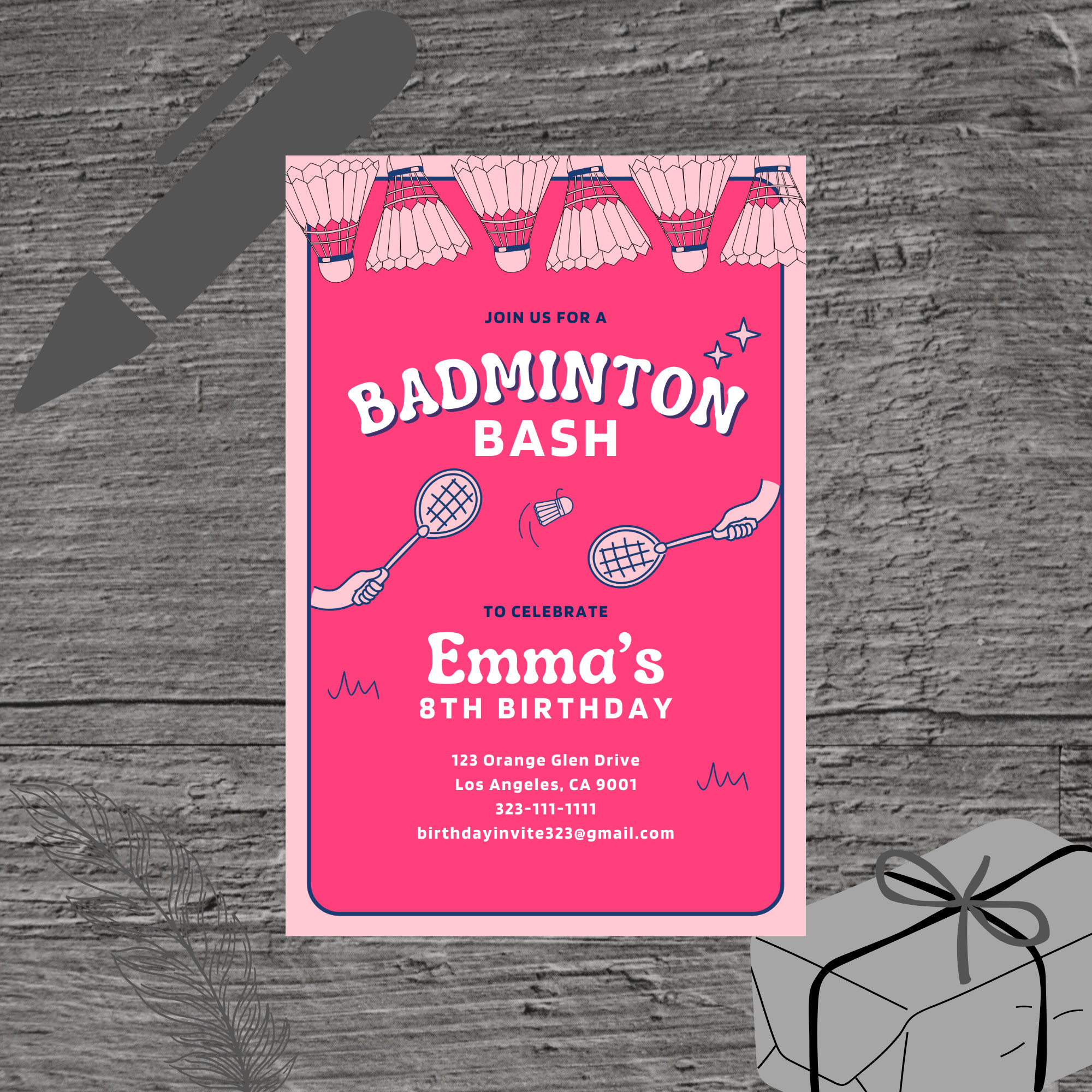 Badminton for Emma Theme Birthday Party Invitation Template, Court Game ...