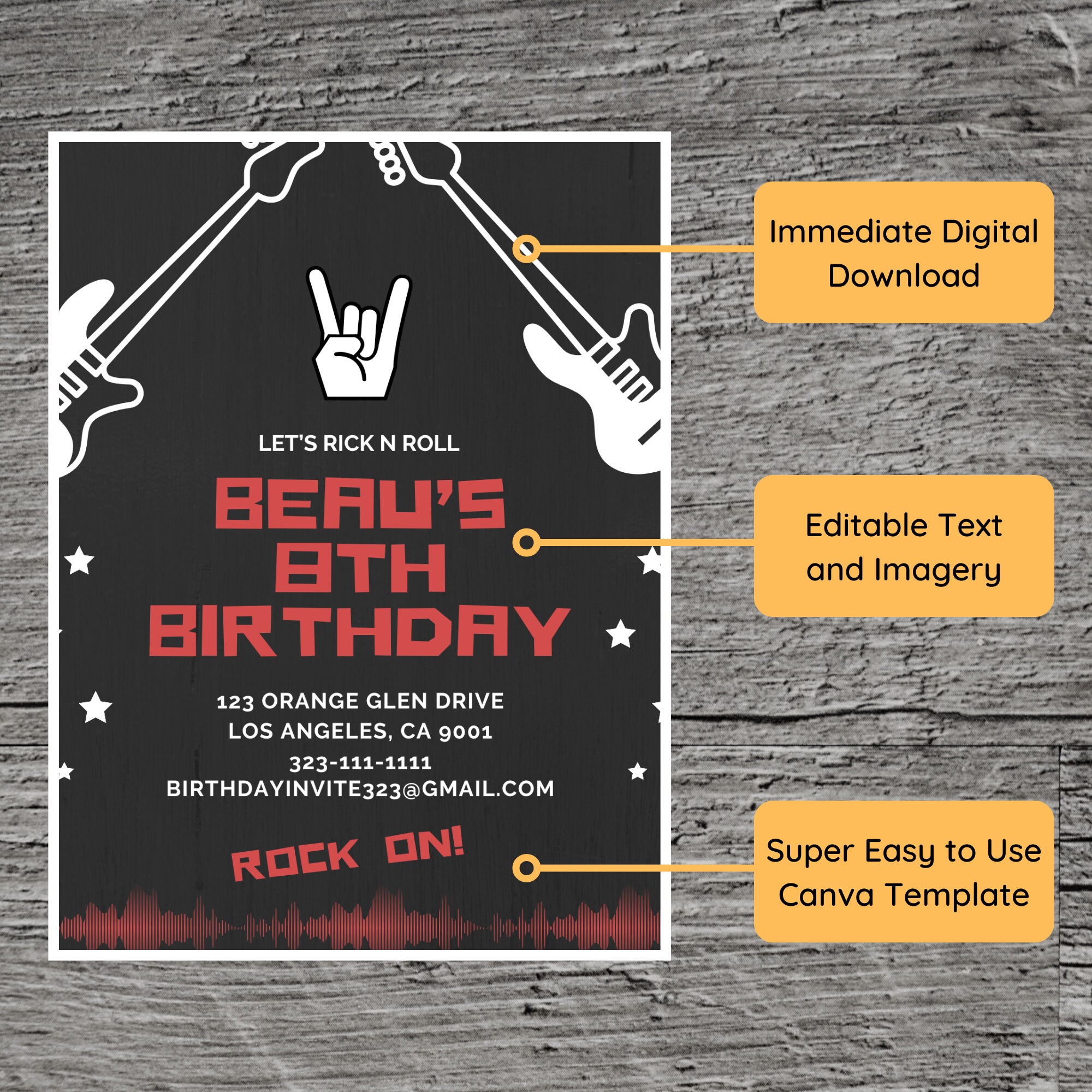 Rock N Roll Theme Party Invitation, Guitar Drum Bass Amplifier Vocals ...