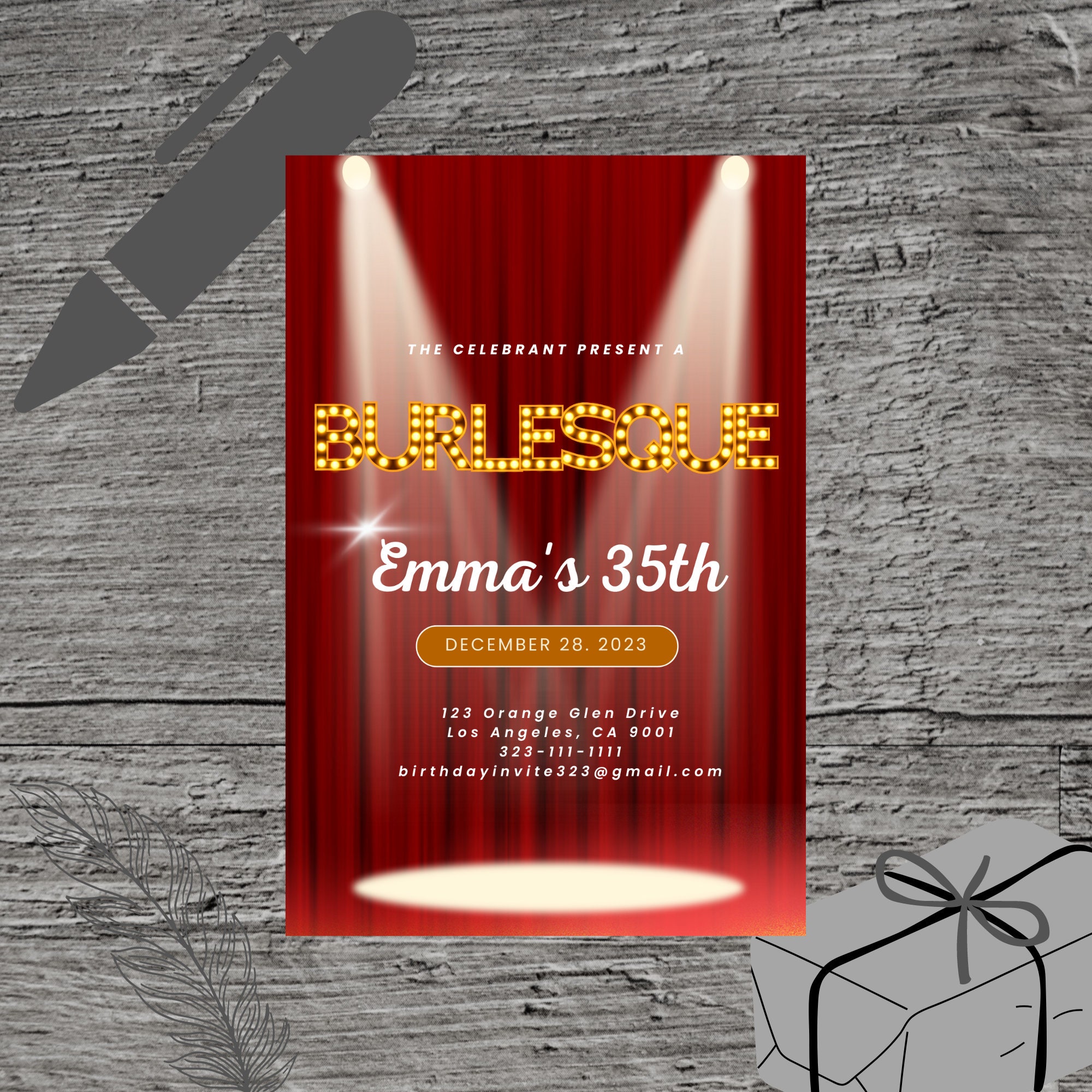 Burlesque Theme Birthday Party Invitation Template, Opera Cabaret Glam ...