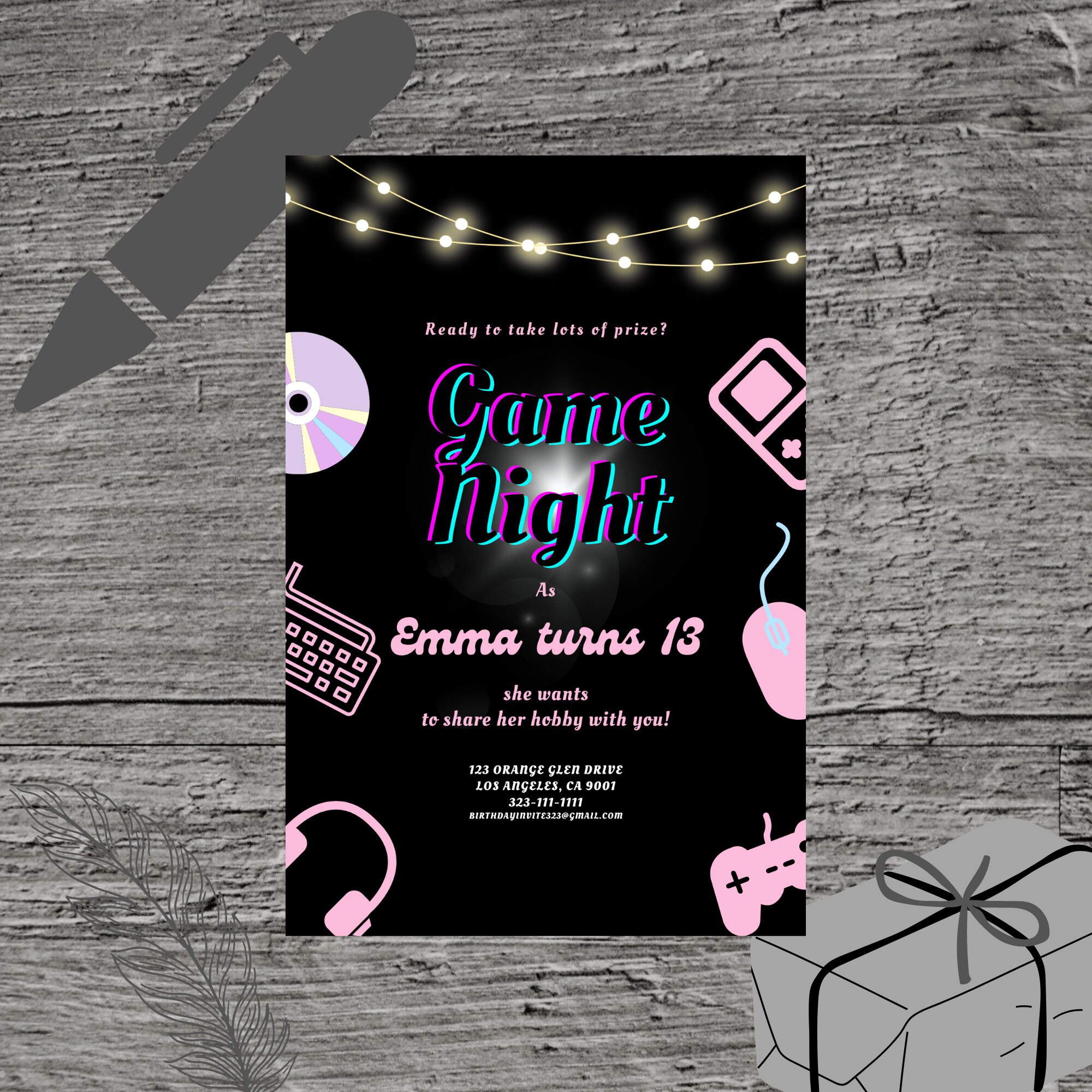 Game Night Theme Birthday Party Invitation, Retro Video Games Black ...
