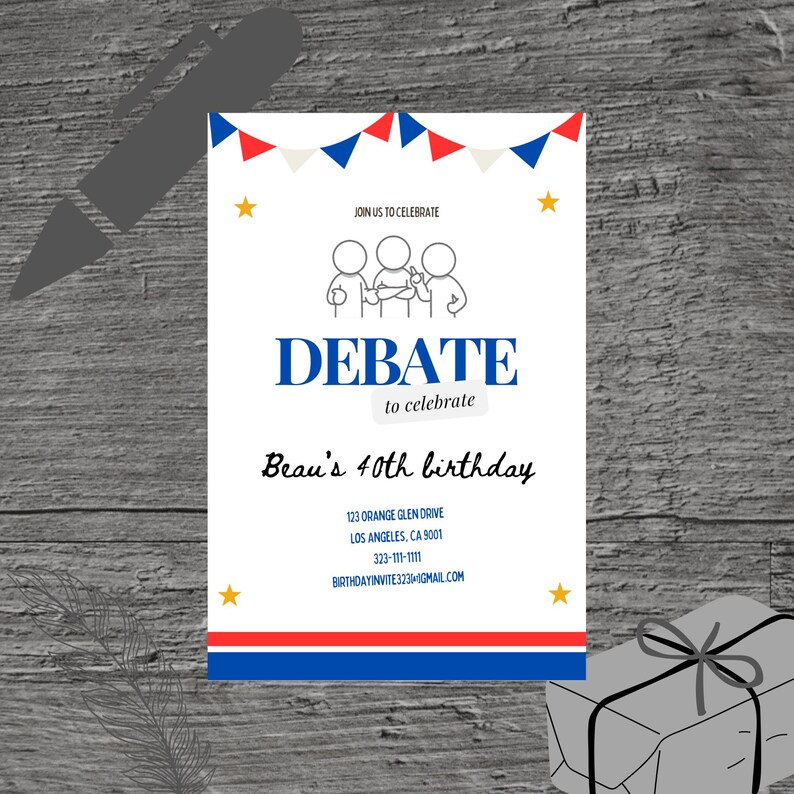 Debate for Beau Theme Birthday Party Invitation Template, Formal ...