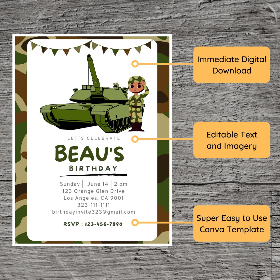 Military Kids Theme Birthday Party Invitation Template, Army Soldiers ...