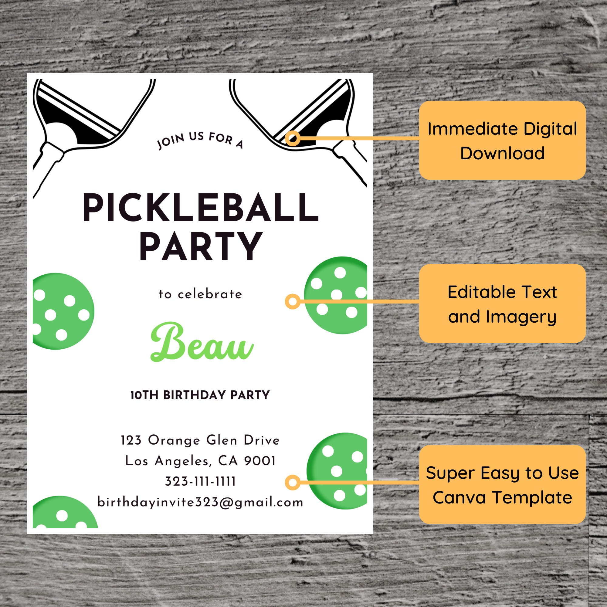 Pickleball for Beau Theme Birthday Party Invitation Template, Paddle ...