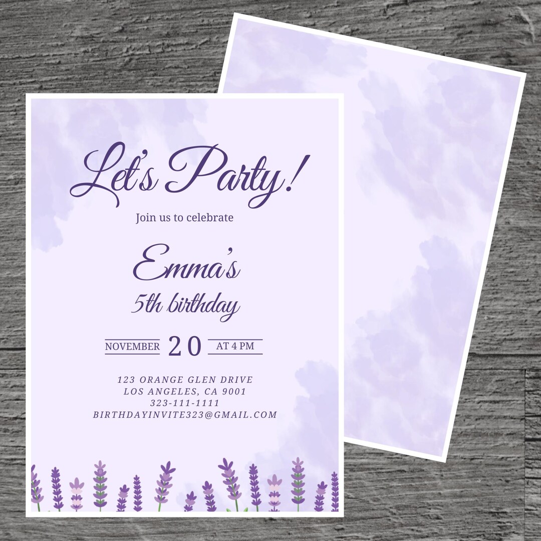 Lavender Fields Party for Emma Theme Birthday Party Invitation Template ...
