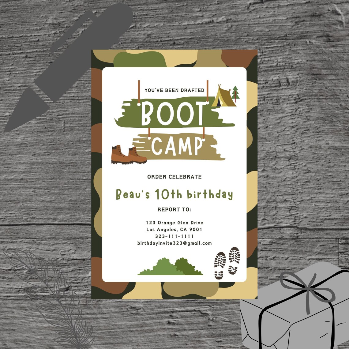 Boot Camp for Beau Theme Birthday Party Invitation Template, Basic ...