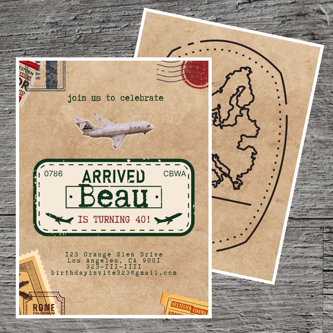 Vintage Travel Birthday Party Invitation, Antique Retro Classic ...