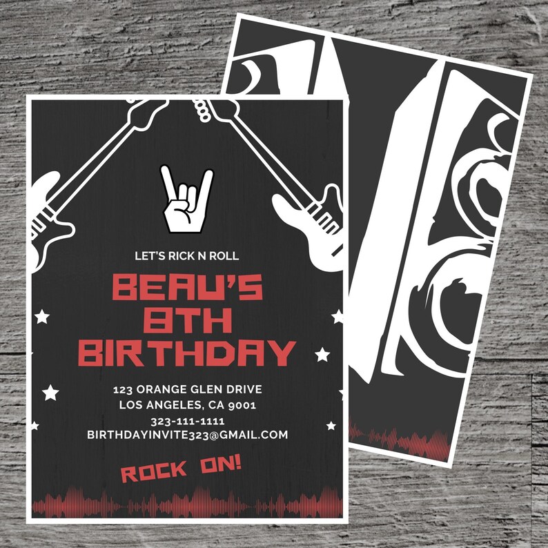 Rock N Roll Theme Party Invitation, Guitar Drum Bass Amplifier Vocals ...