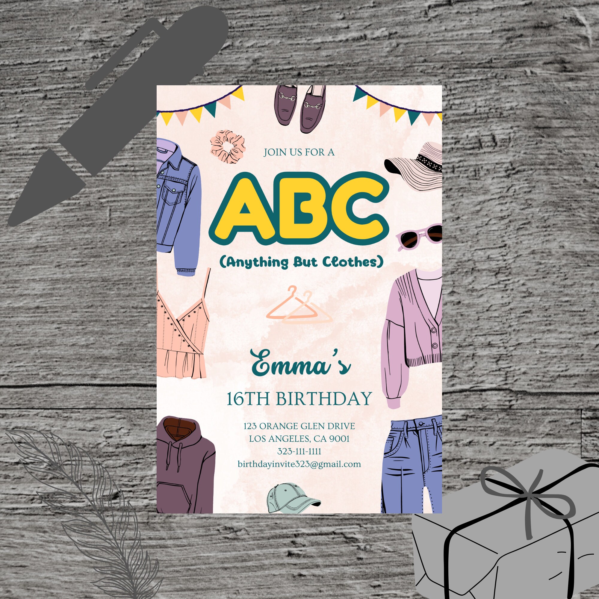 ABC (anything but Clothes) for Emma Theme Birthday Party Invitation ...